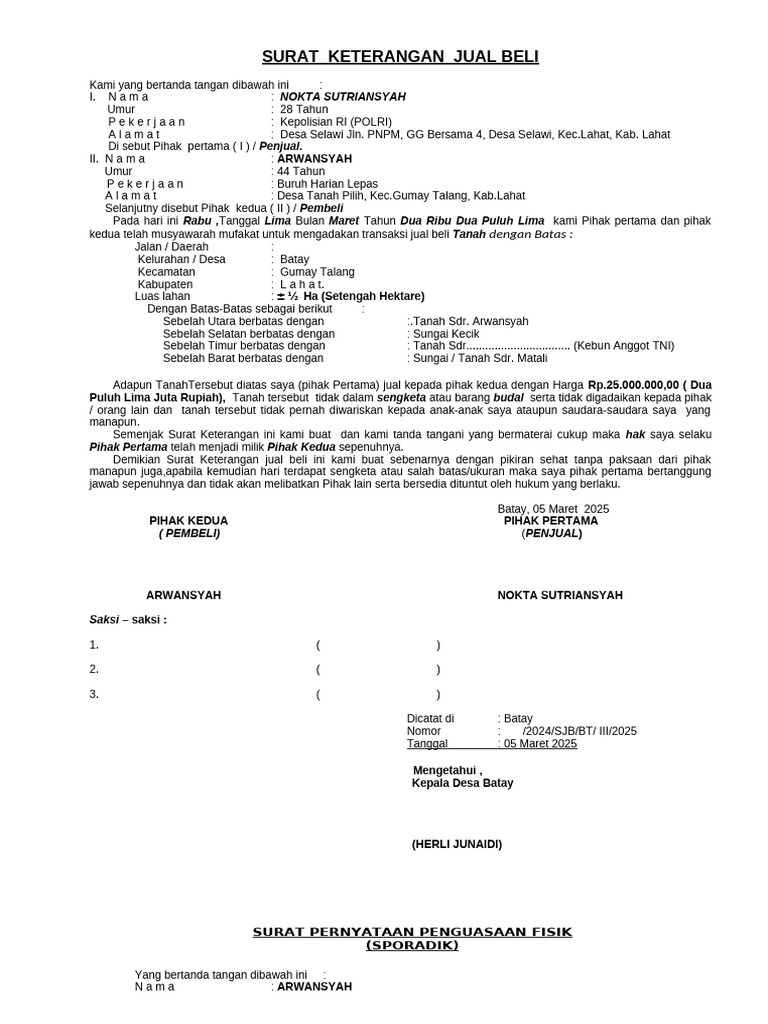 SURAT KETERANGAN JUAL BELI Neli Dan Dita Tahun 2022 | PDF