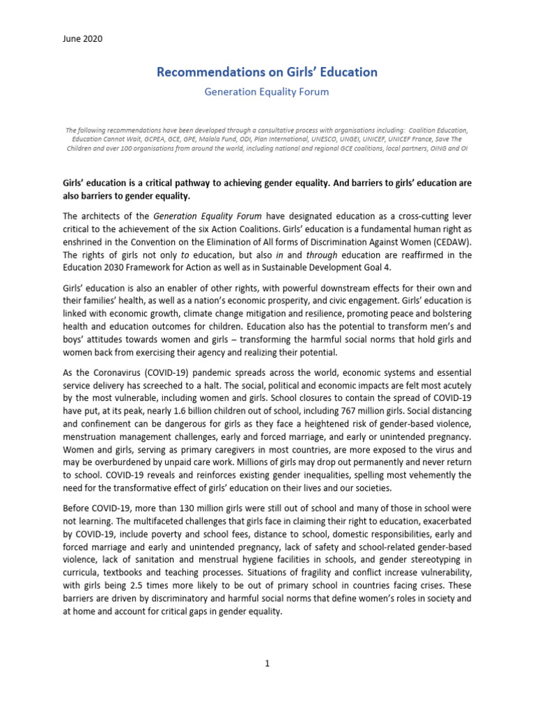 GEF Education-Recommendations June20 PDF | PDF | Violence | Gender Equality