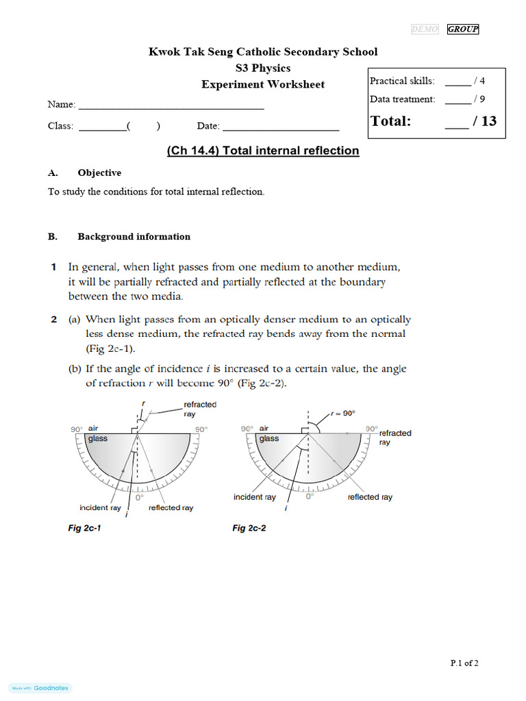 Lab WS With Notes (S3 Ch 14.4 -TIR) | PDF | Refraction | Reflection ...