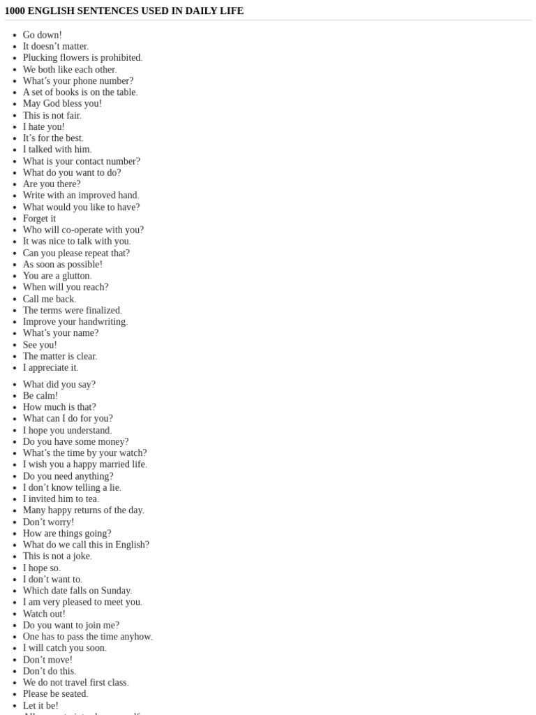 1000 English Sentences Used in Daily Life | PDF