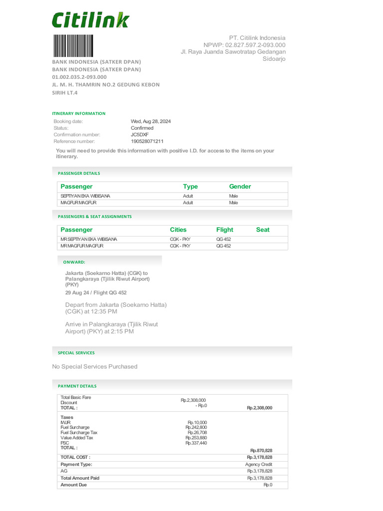 Citilink Ticket - JC5DXF_MR SEPTIYAN EKA WIBISANA dan REKAN (29AUG CGK PKY) | PDF