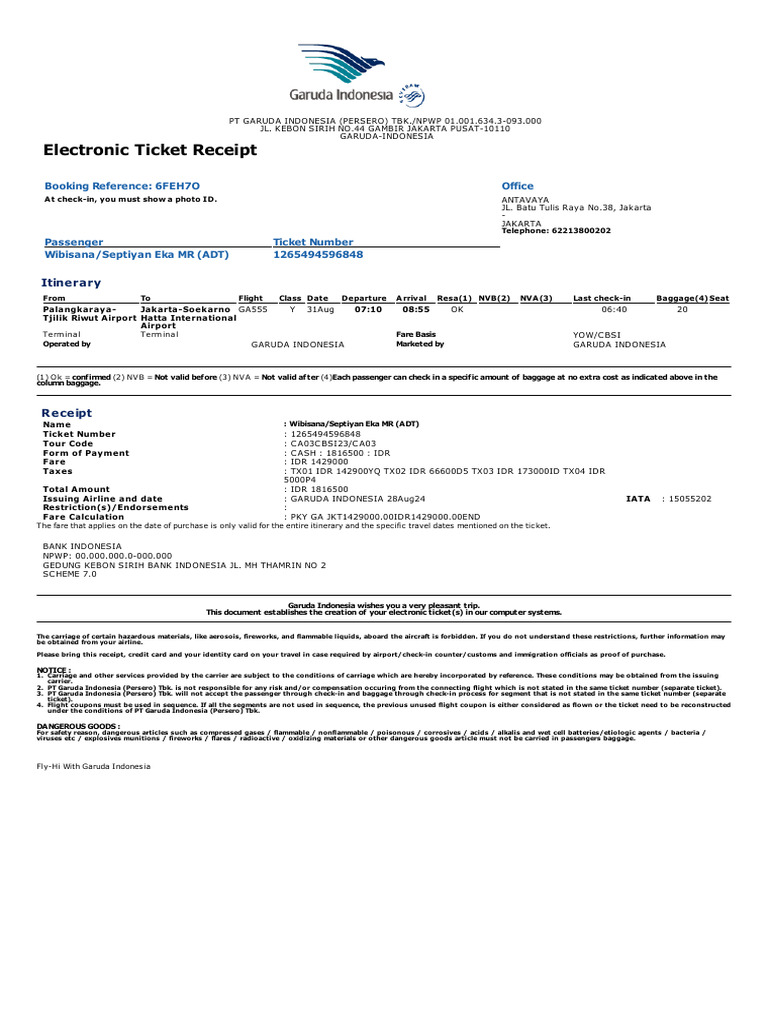 Ticket Garuda - 6FEH7O - MR SEPTIYAN EKA WIBISANA (31AUG PKY CGK) | PDF ...