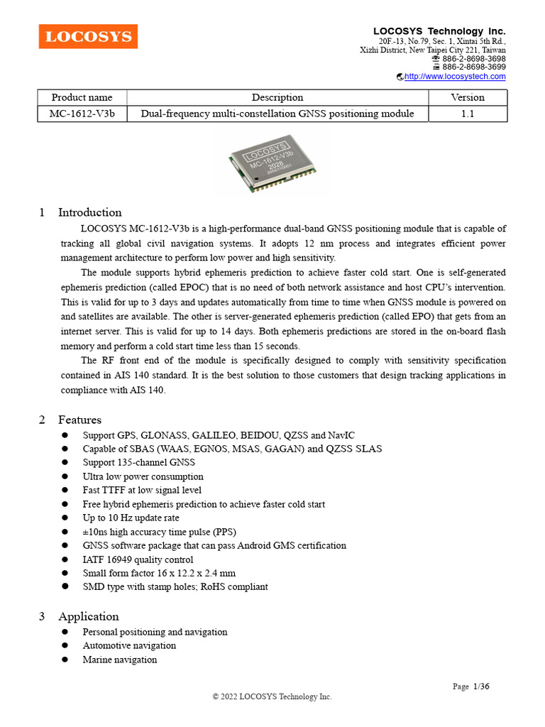 LOCOSYS MC-1612-V3b GNSS Module Overview | PDF | Geodesy | Wireless
