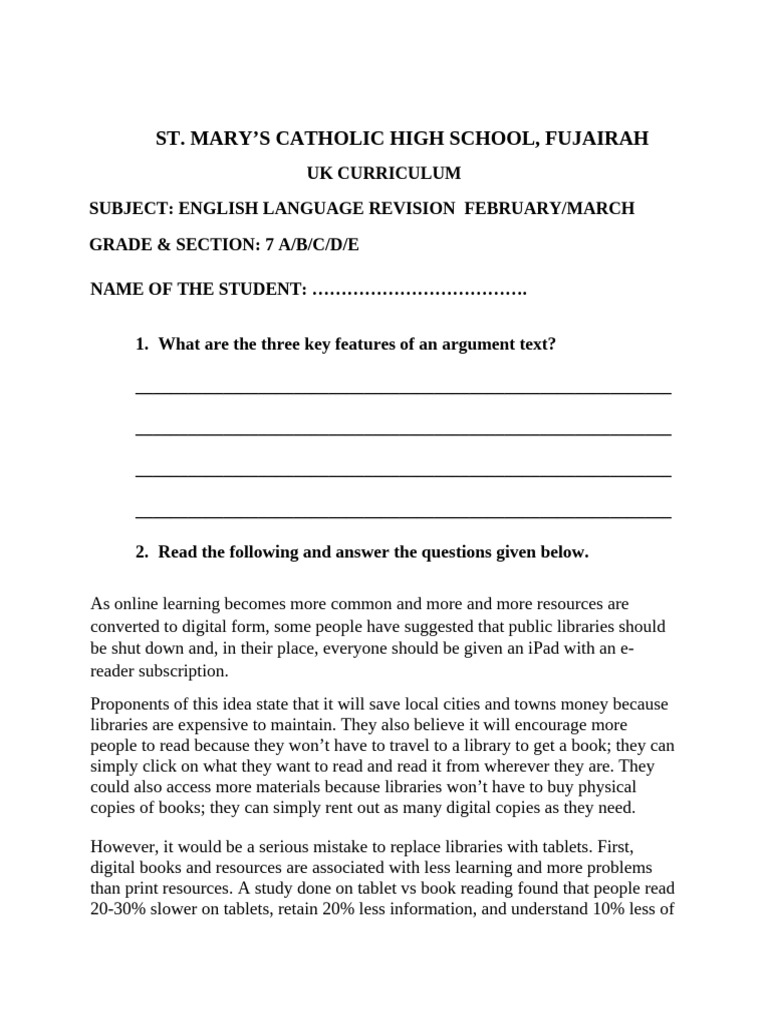 Grade 7 English Language Revision Feb - March Classwork | PDF | Libraries | Books