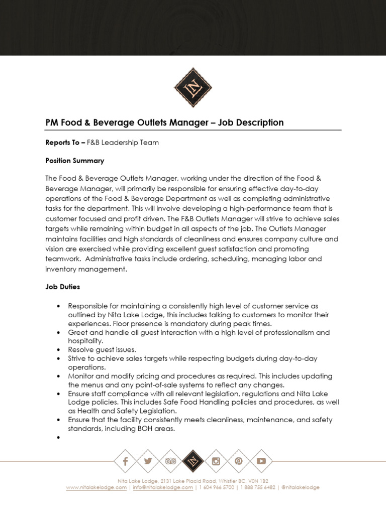 Food & Beverage Outlets Manager Role | PDF | Business