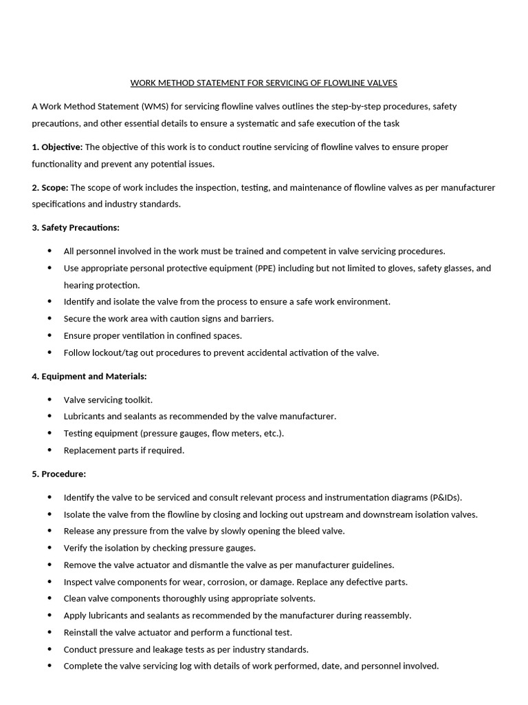 Work Method Statement For Servicing of Flowline Valves | PDF | Valve ...