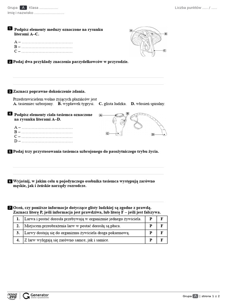 Biologia Kl. 6 Od Parzydełkowców Do Pierścienic | PDF
