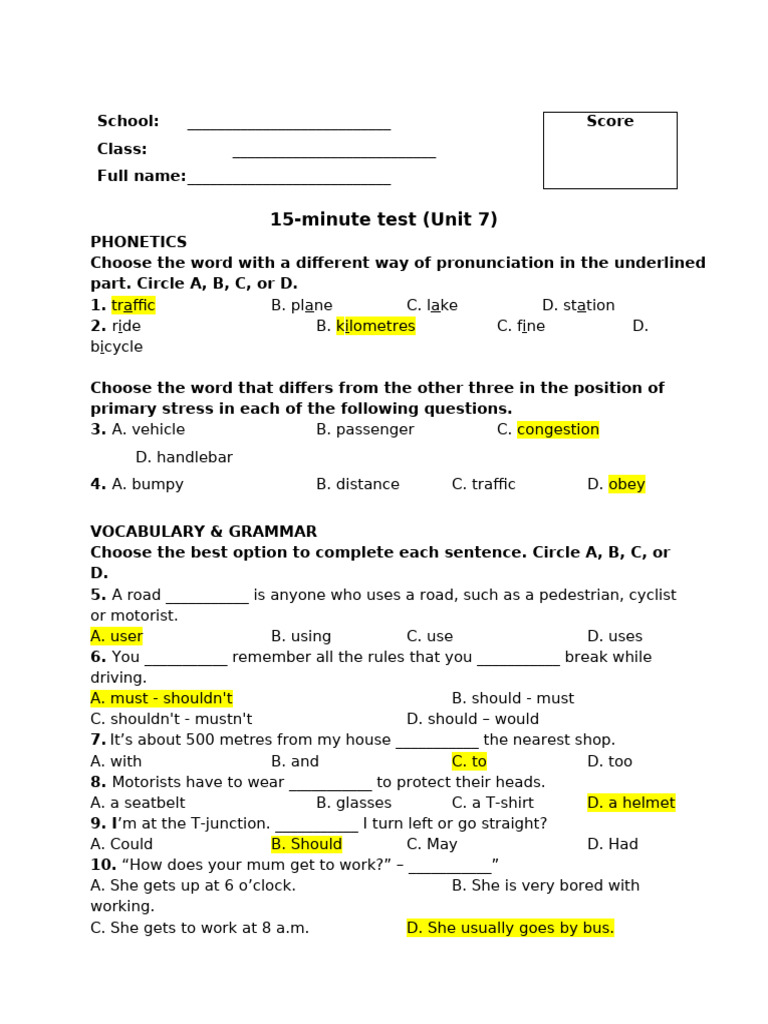 G7 15-Minute Test Unit 7 - KEY | PDF | Traffic | Transport Infrastructure