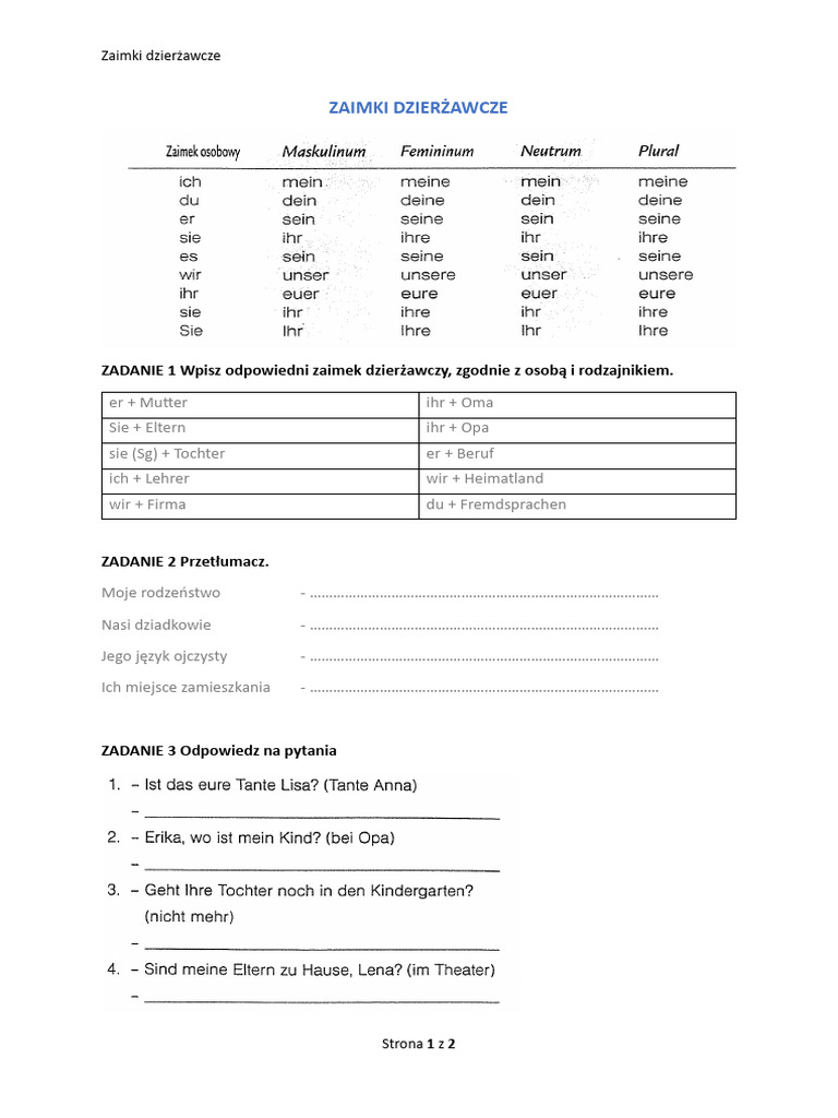 Zaimki Dzierżawcze | PDF