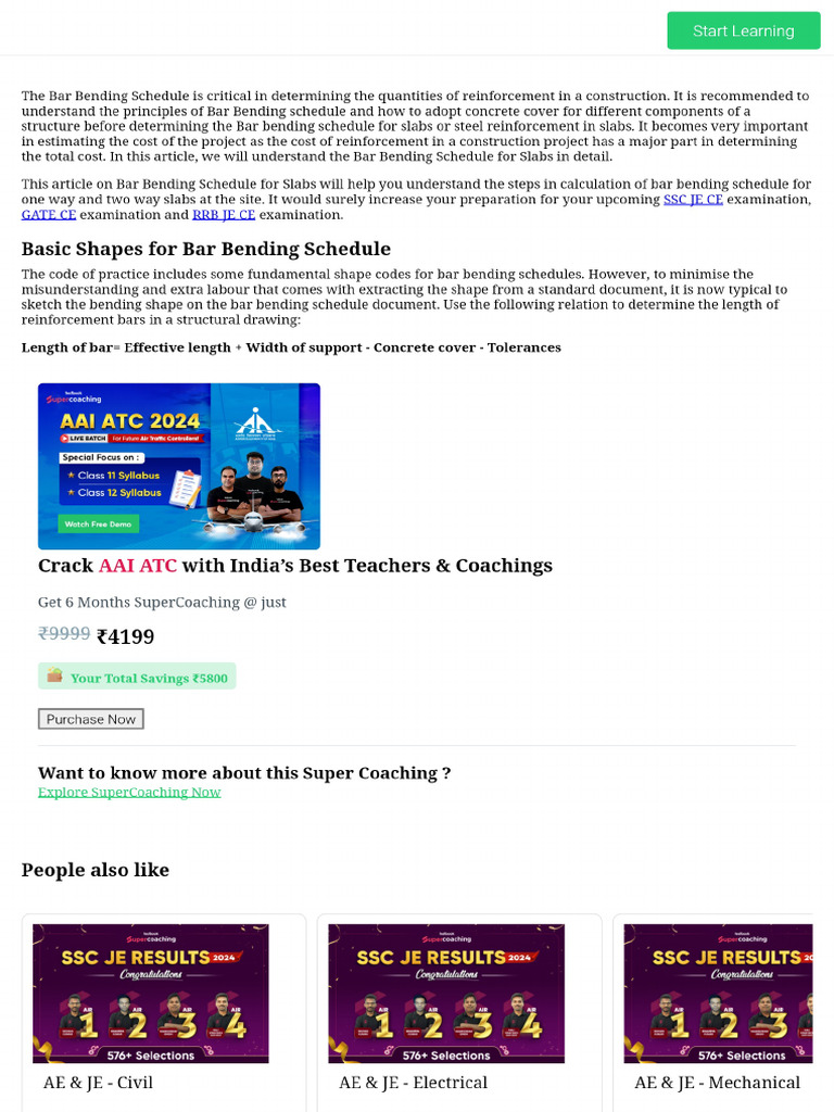 Bar Bending Schedule For Slabs | PDF