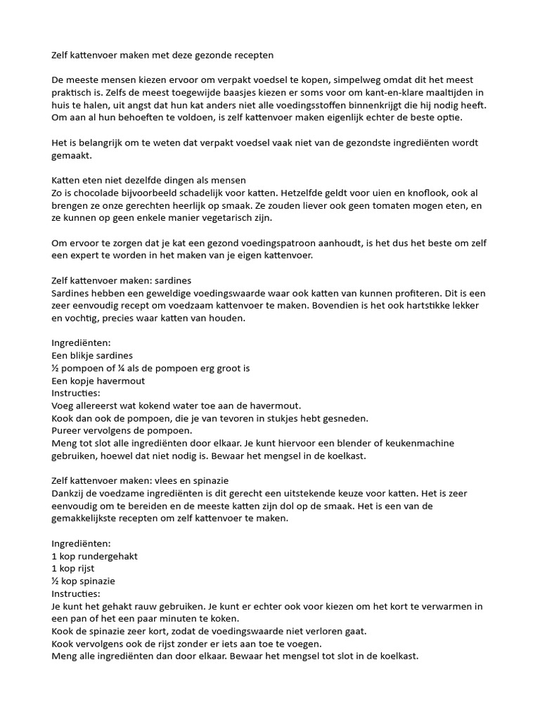 Zelf Kattenvoer Maken Met Deze Gezonde Recepten | PDF