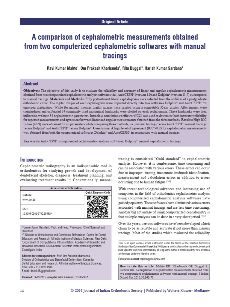 Mahto Et Al 2016 A Comparison of Cephalometric Measurements Obtained ...