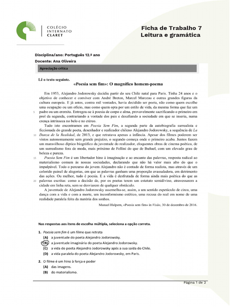 Ficha Leitura e Gramática 7 | PDF