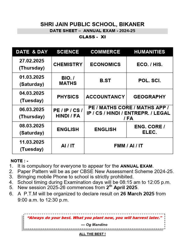 SHRI JAIN SCHOOL Class XI Exam Date Sheet 2025 | PDF