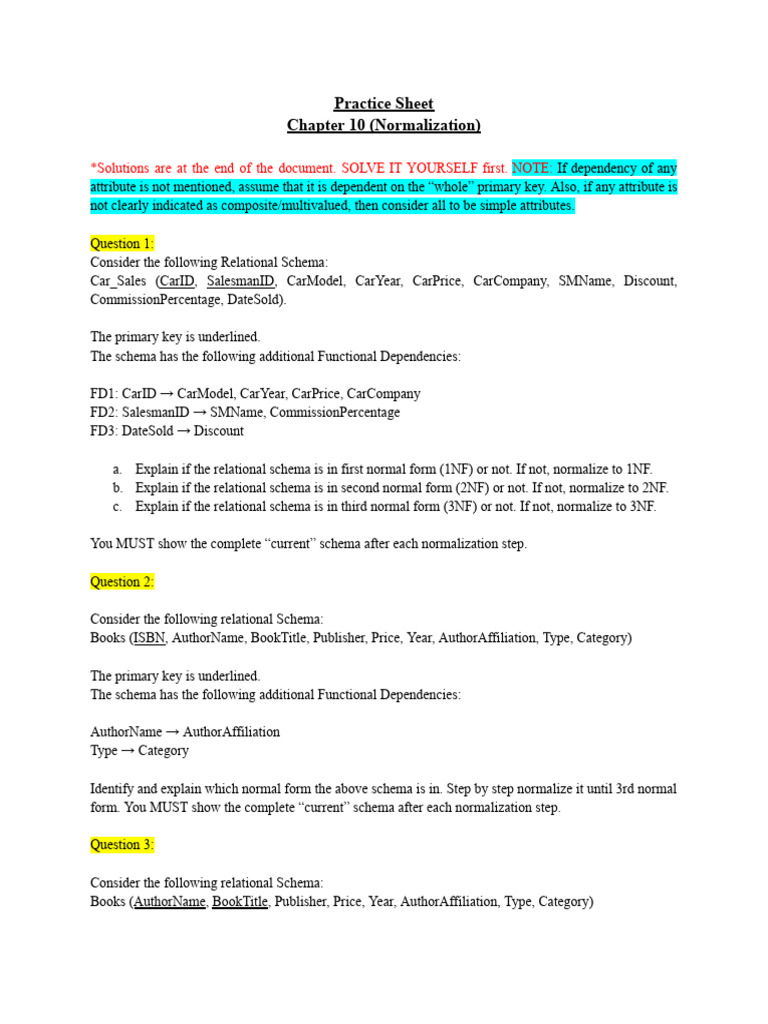 CSE370 - Chapter 10 or 15 (Normalization) (Practice Sheet) | PDF | Data Model | Computer Data