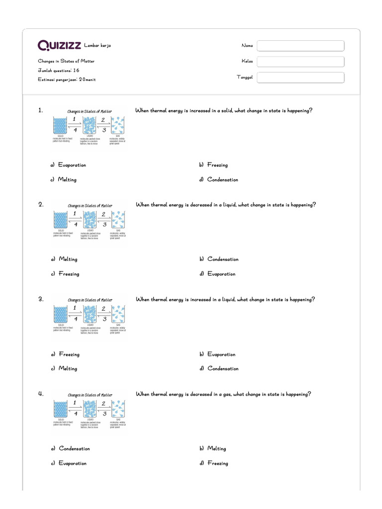 Changes in States of Matter - Quizizz | PDF | Freezing | Evaporation