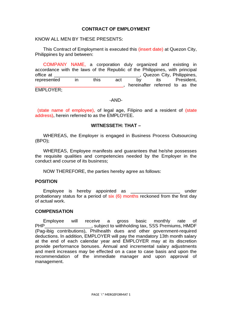 Employment Contract Template BPO | PDF | Employment | Overtime