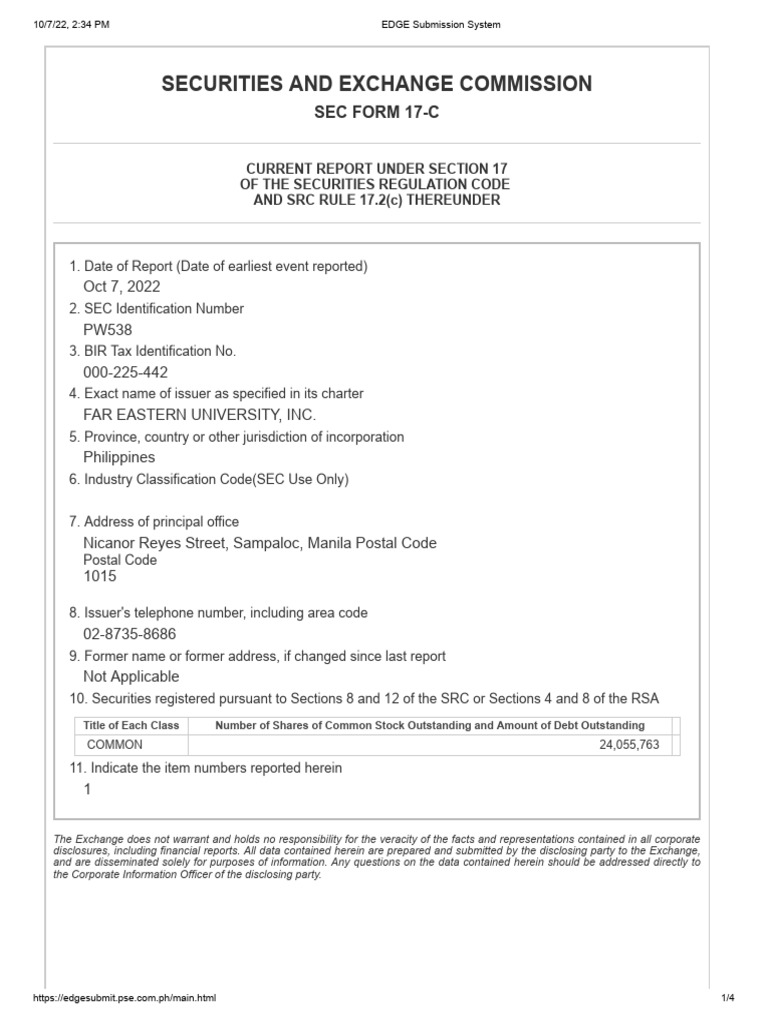 Far Eastern University - SEC Form 17-C - PSE Form 4-2 - Amended ...