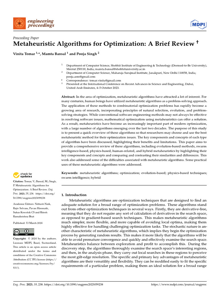 Metaheuristic Algorithms For Optimization A Brief Review 2023 Pdf