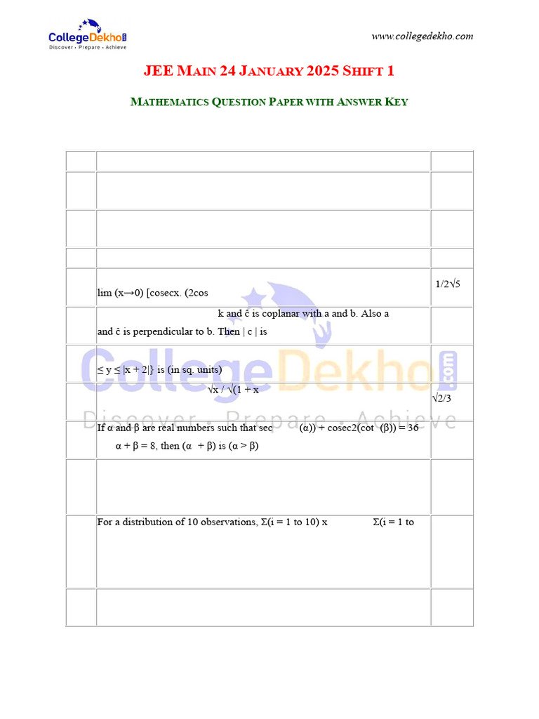 Jee Main 24 Jan 2025 Mathematics Shift 1 Question Paper | PDF | Variance | Mathematical Concepts