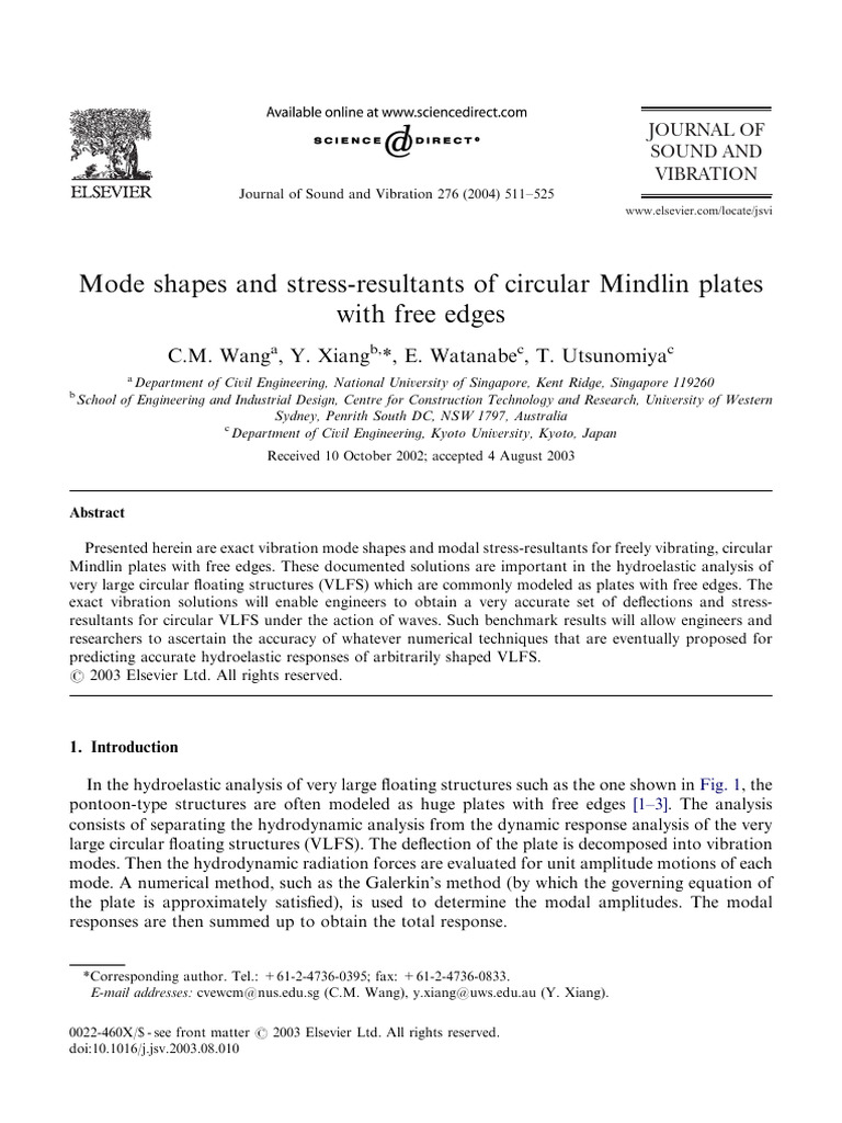 Mode Shapes and Stress-Resultants of Circular Mindlin Plates With Free ...