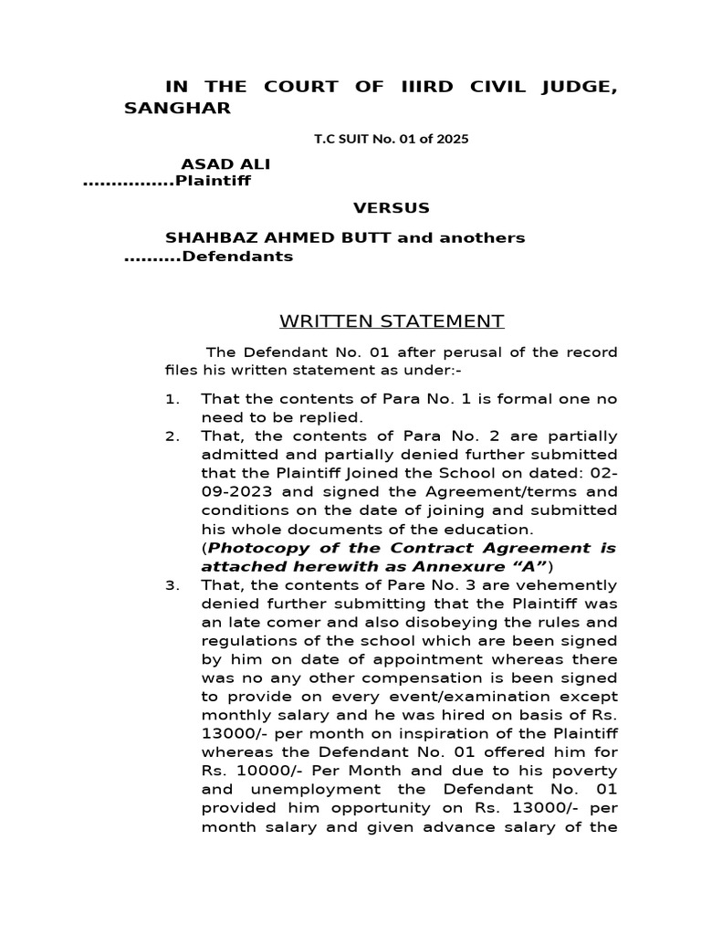 Defendant's Written Statement in Civil Suit | PDF | Affidavit | Lawsuit