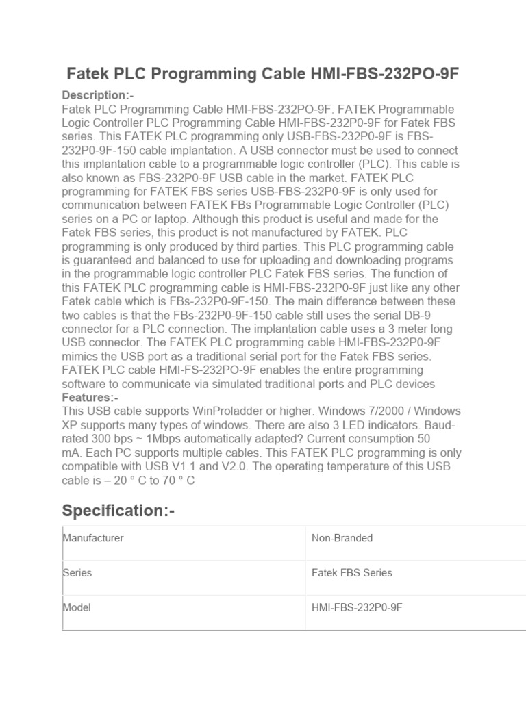 Fatek PLC Programming Cable HMI | PDF | Usb | Programmable Logic Controller
