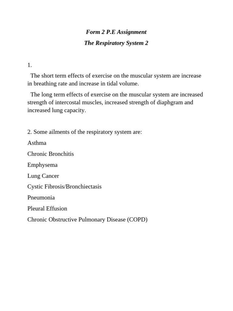 Form 2 PE Assignment The Respiratory System 2 | PDF