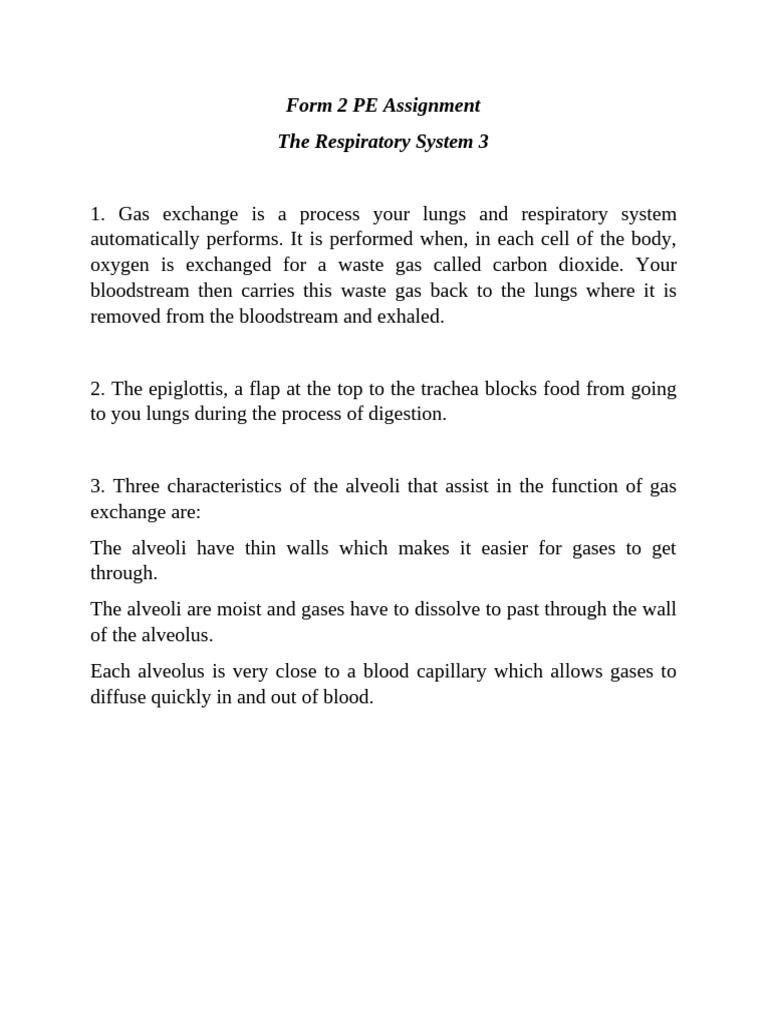 Form 2 PE Assignment The Respiratory System 3 | PDF