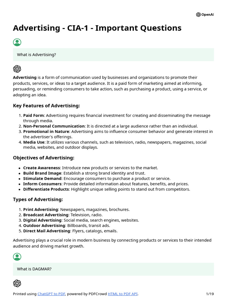 Advertising - CIA-1 - Important Questions | PDF | Target Audience ...