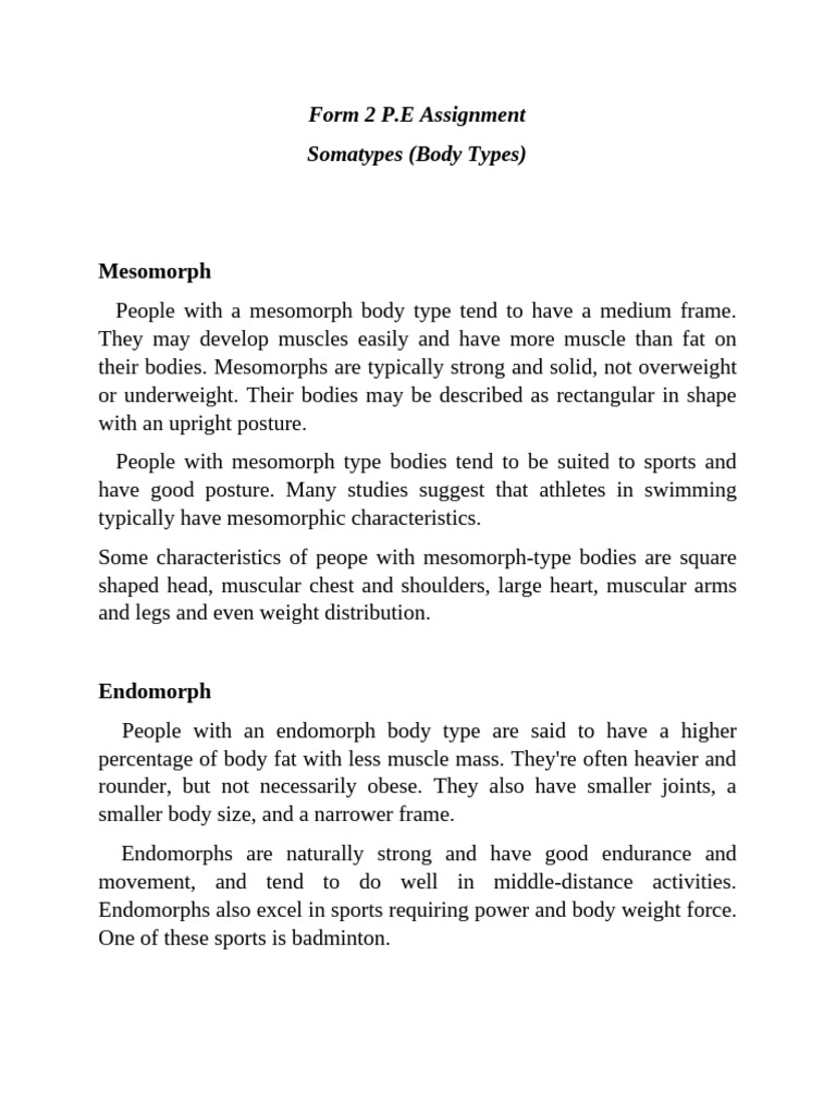 Form 2 P.E Assignment Somatypes (Body Types) | PDF