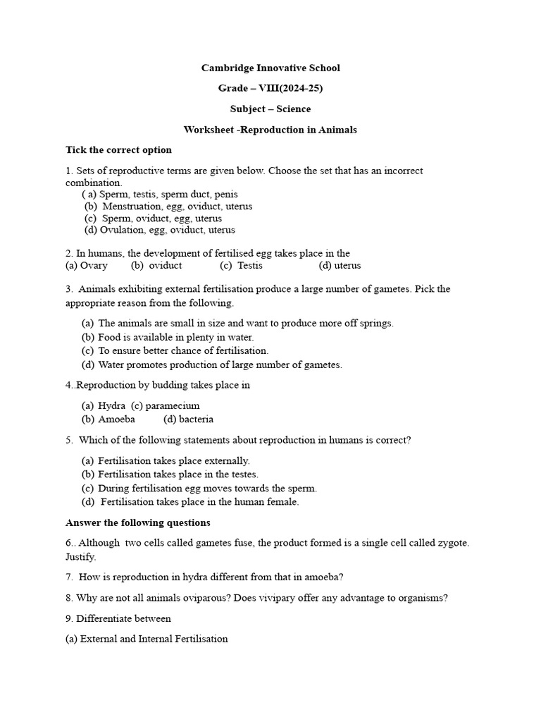 Class 8 Worksheet on Animal Reproduction | PDF