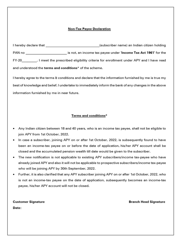 Non Tax Payee Declaration Form | PDF