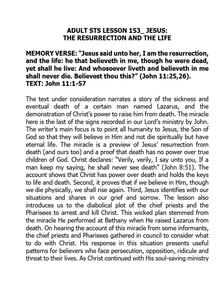 Adult STS Lesson 153 - Jesus The Resurrection and The Life | PDF ...