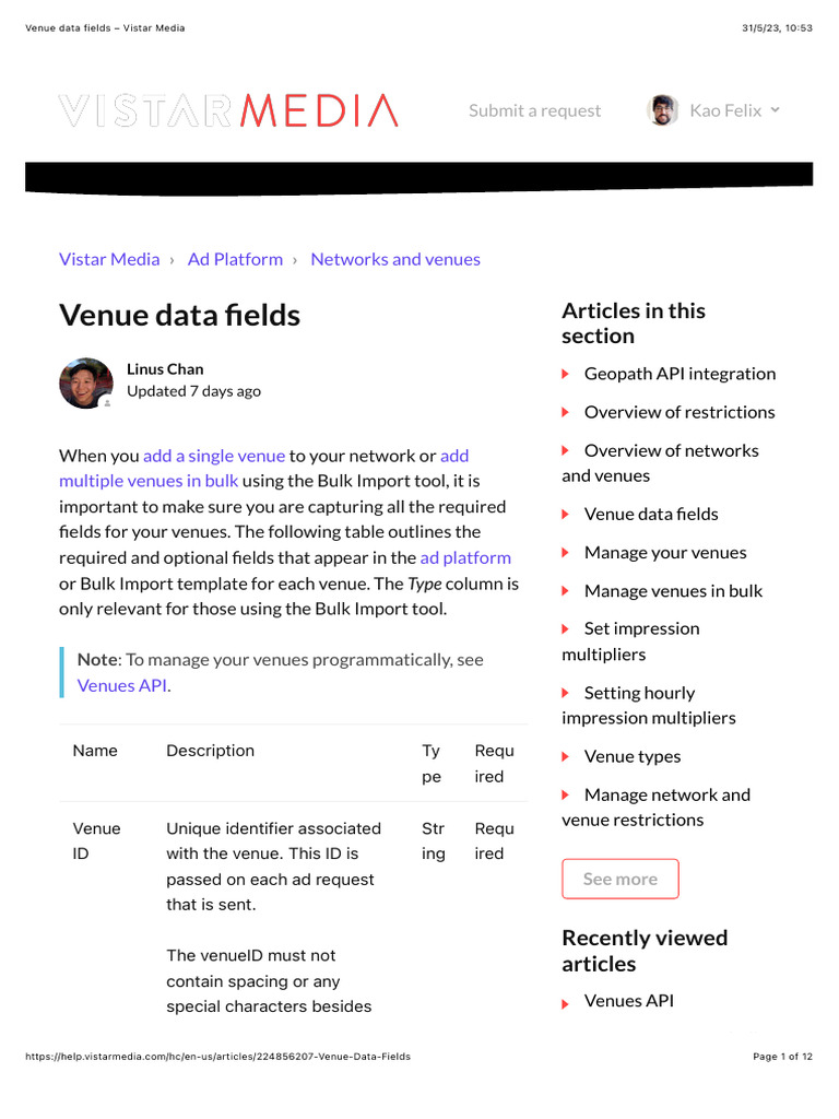 Venue Data Fields - Vistar Media | PDF | Information Technology | Computer Programming