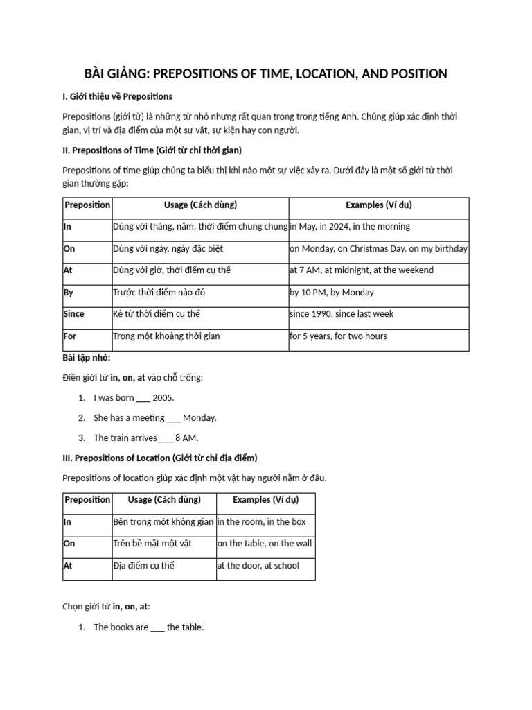 Bài Gi NG Prepositions of Time, Location, and Position | PDF