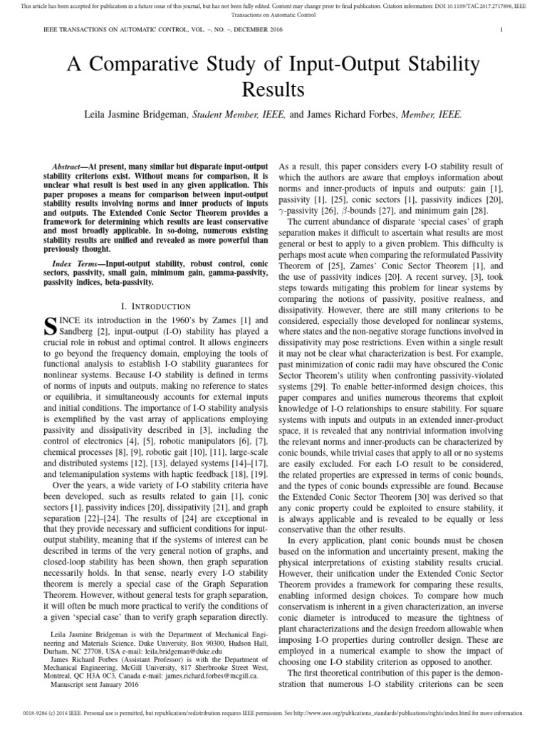 SECTEURS A Comparative Study of Input-Output Stability Results (2018) + | PDF | System | Control ...