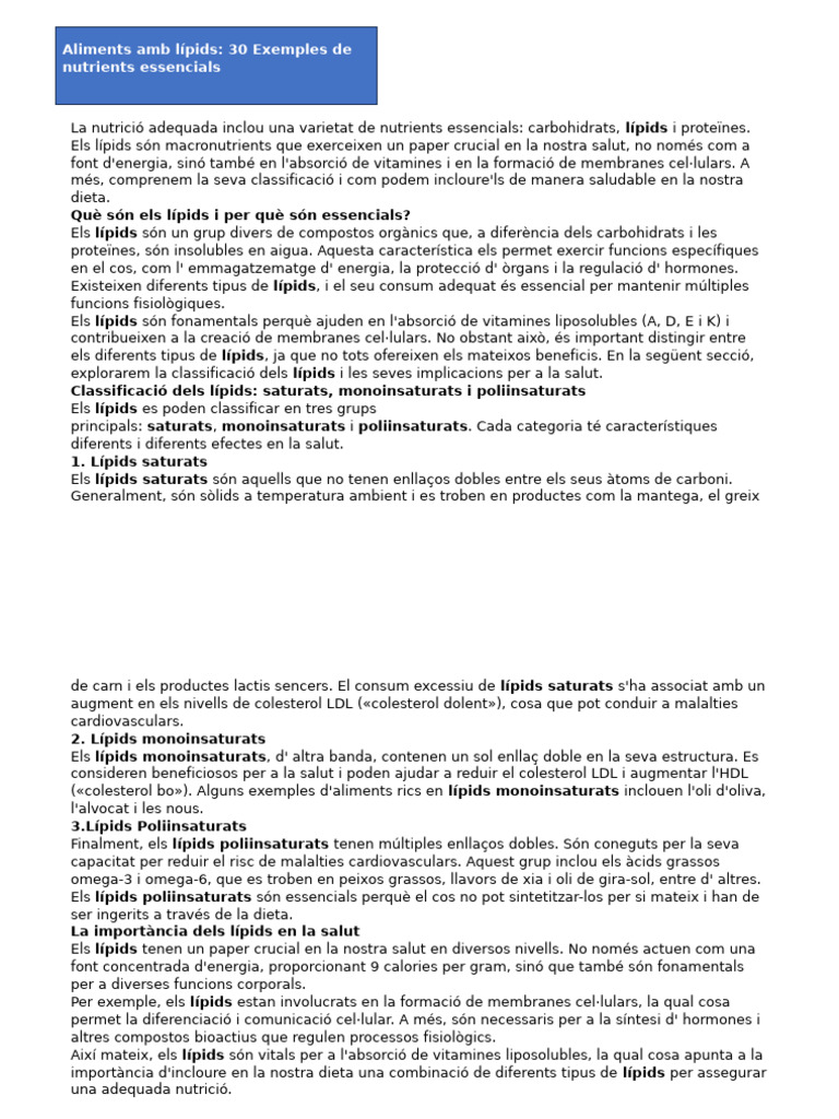 Aliments Amb Lípids 30 Exemples de Nutrients Essencials | PDF