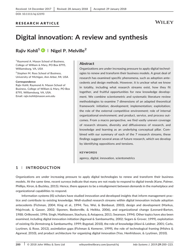 Digital Innovation A Review and Synthesis | PDF | Innovation | Knowledge