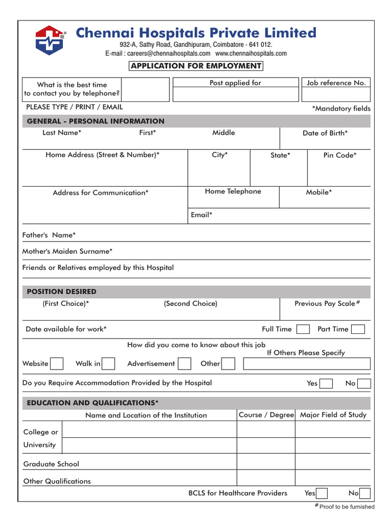 Chennai Hospitals Private Limited: Application For Employment | PDF ...