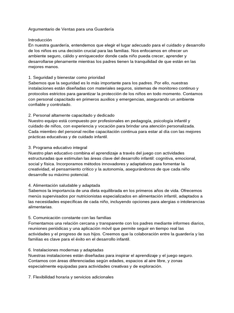 Ejemplo de Argumentario de Ventas para Una Guardería | PDF | Cuidado de ...