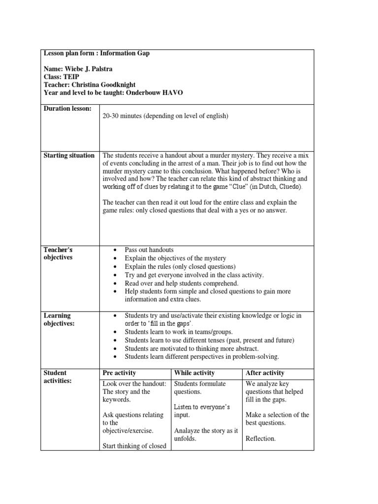 TEIP Lesson Plan Information Gap Activity | PDF | Lesson Plan ...
