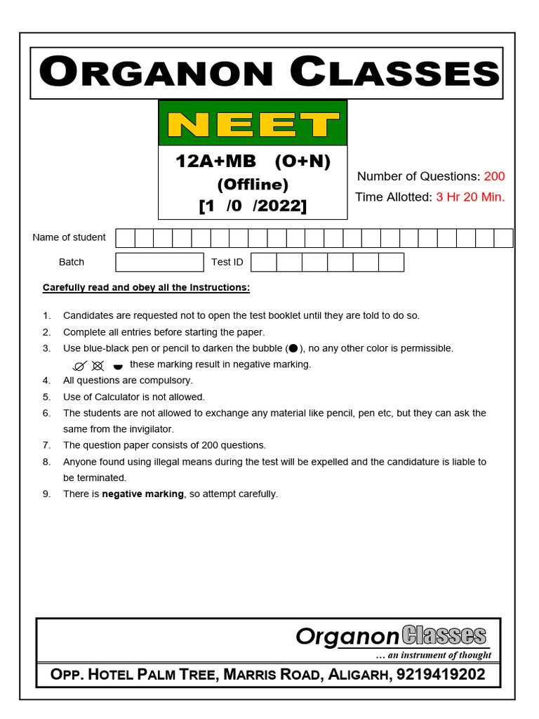 Organon NEET Test Instructions & Format | PDF | Genetics