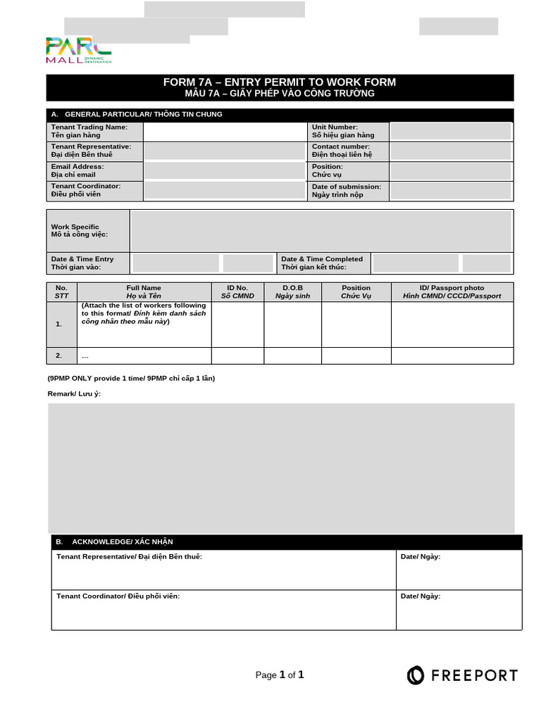 230919 PAM Form 7A - Entry Permit to Work Form | PDF