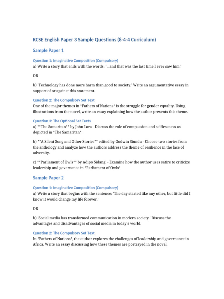 KCSE English Paper 3 Sample Questions | PDF | Essays | Social Psychology