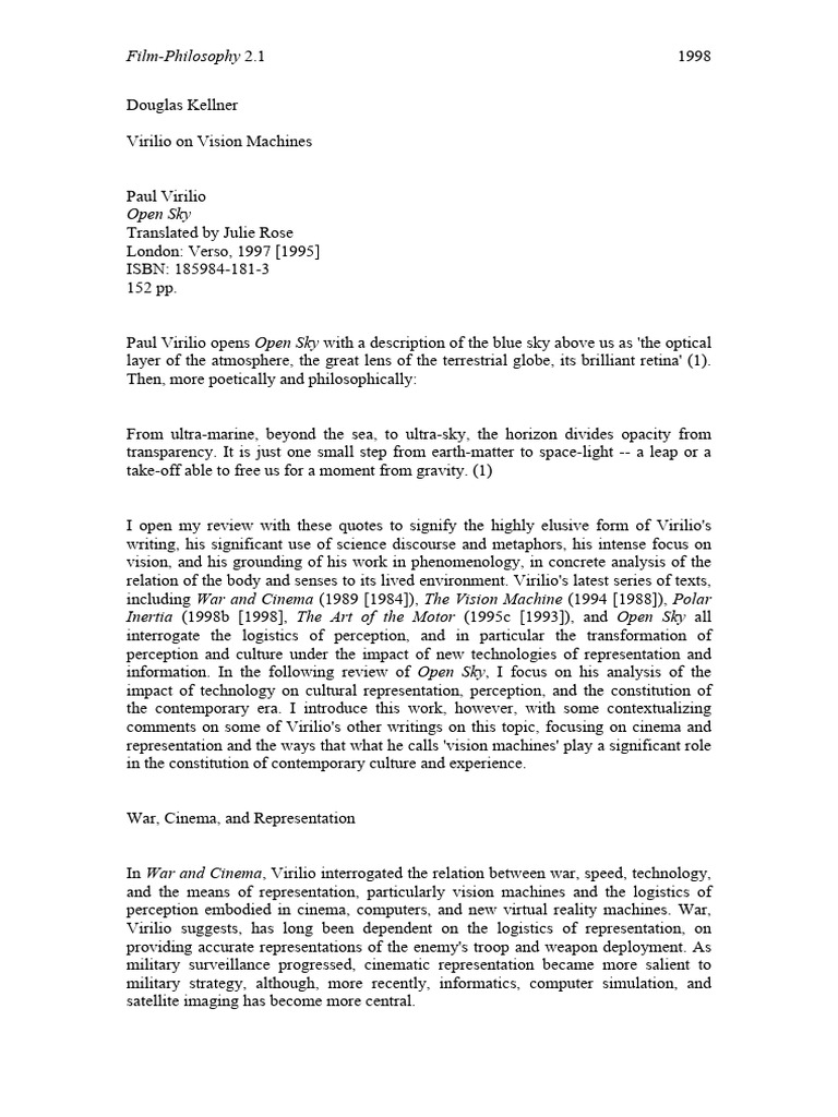 Douglas Kellner Virilio On Vision Machines | PDF | Space | Experience