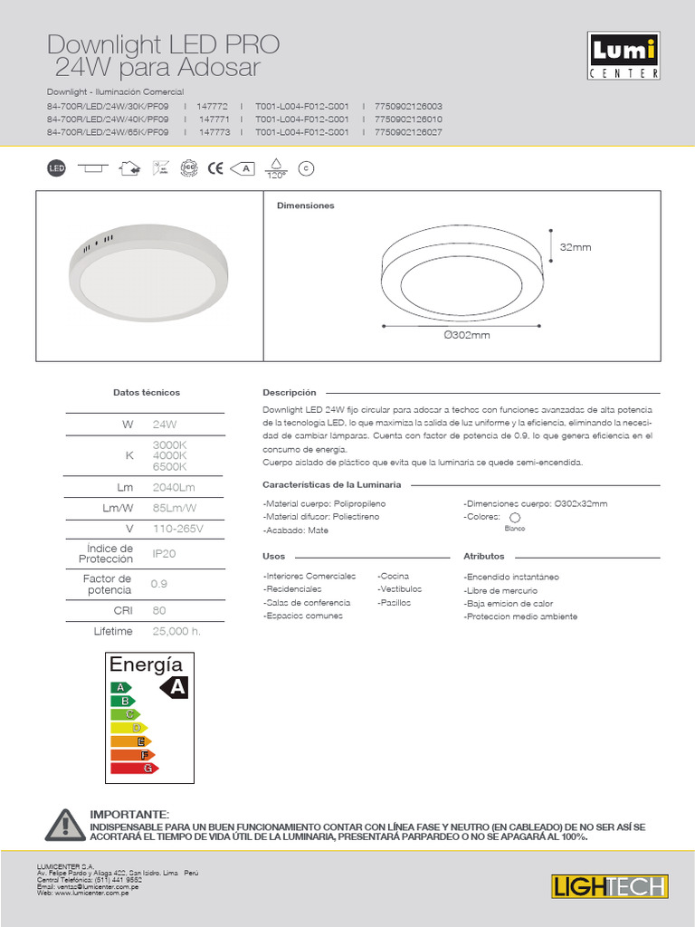 Ficha Técnica Downlight Led Pro 24w para Adosar | PDF | Diodo emisor de luz | Electricidad