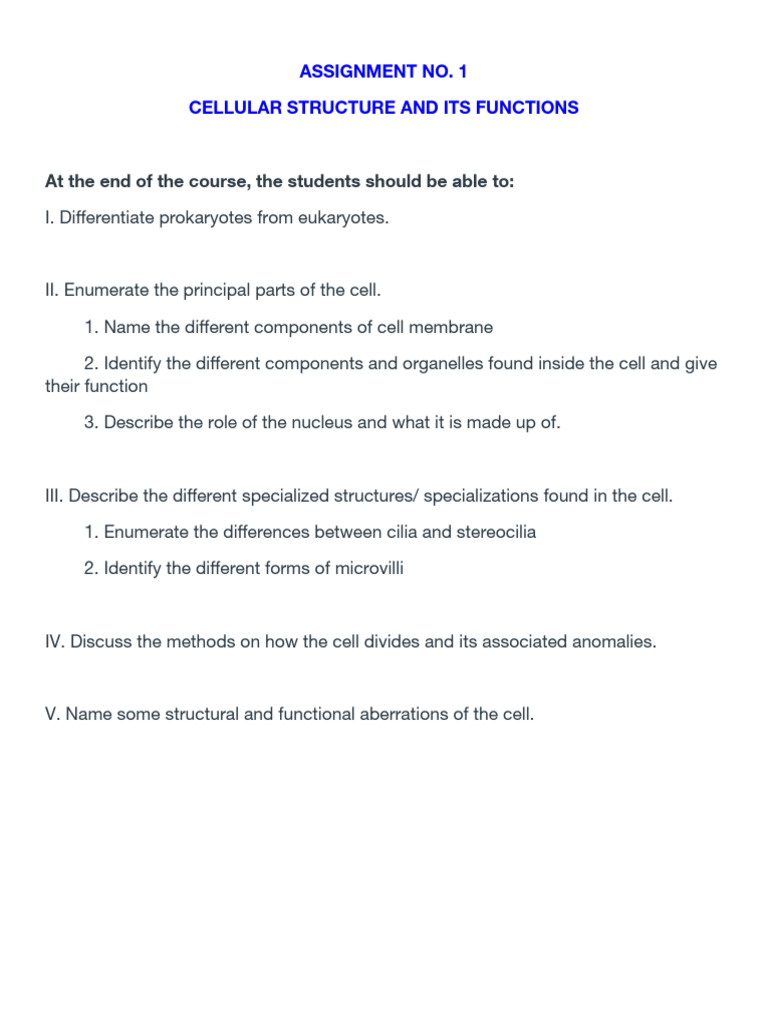 Cellular Structure and Functions Assignment | PDF | Cell (Biology ...