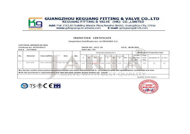 Inspection Certificate for Fittings | PDF