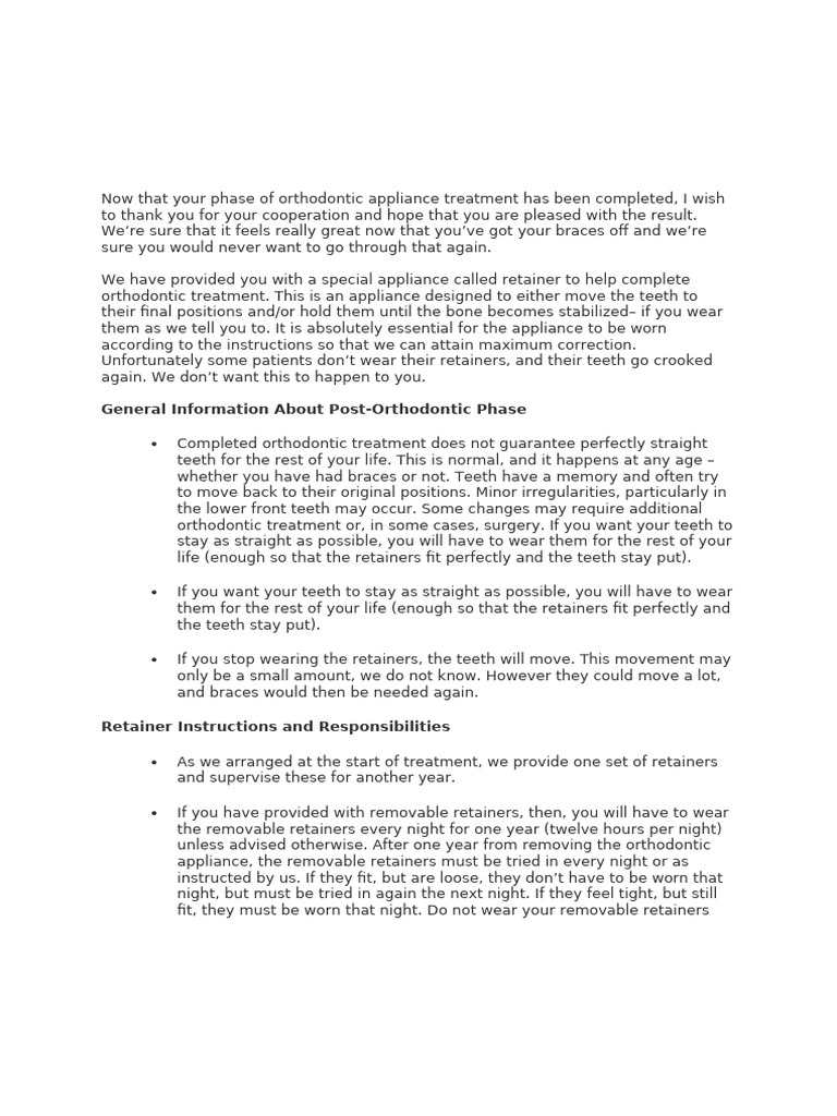 Consent For Ortho Debond and Retention (Braces Removal and Retainer ...